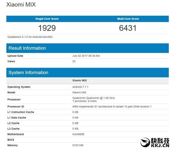 或改用玻璃機身，小米MIX 2跑分配置大曝光：Snapdragon 835+6GB RAM！ (126407) - Cool3c