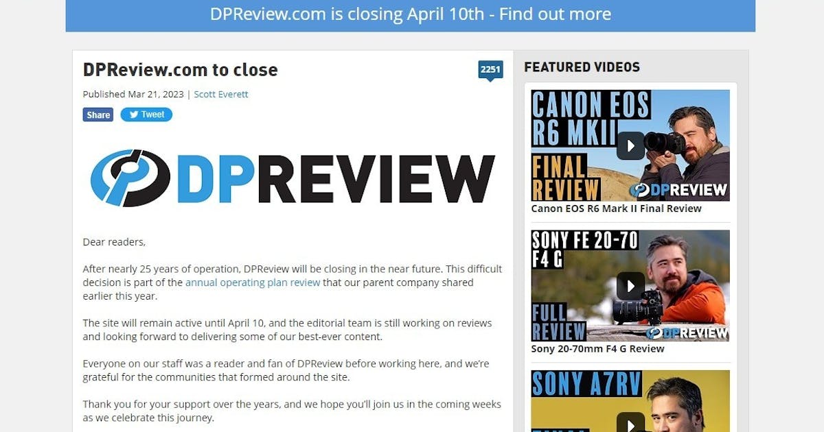 老字號相機評測網站 DPReview 不敵大環境變化宣布將在 4 月 10 日結束營運 #亞馬遜 (190972) - Cool3c