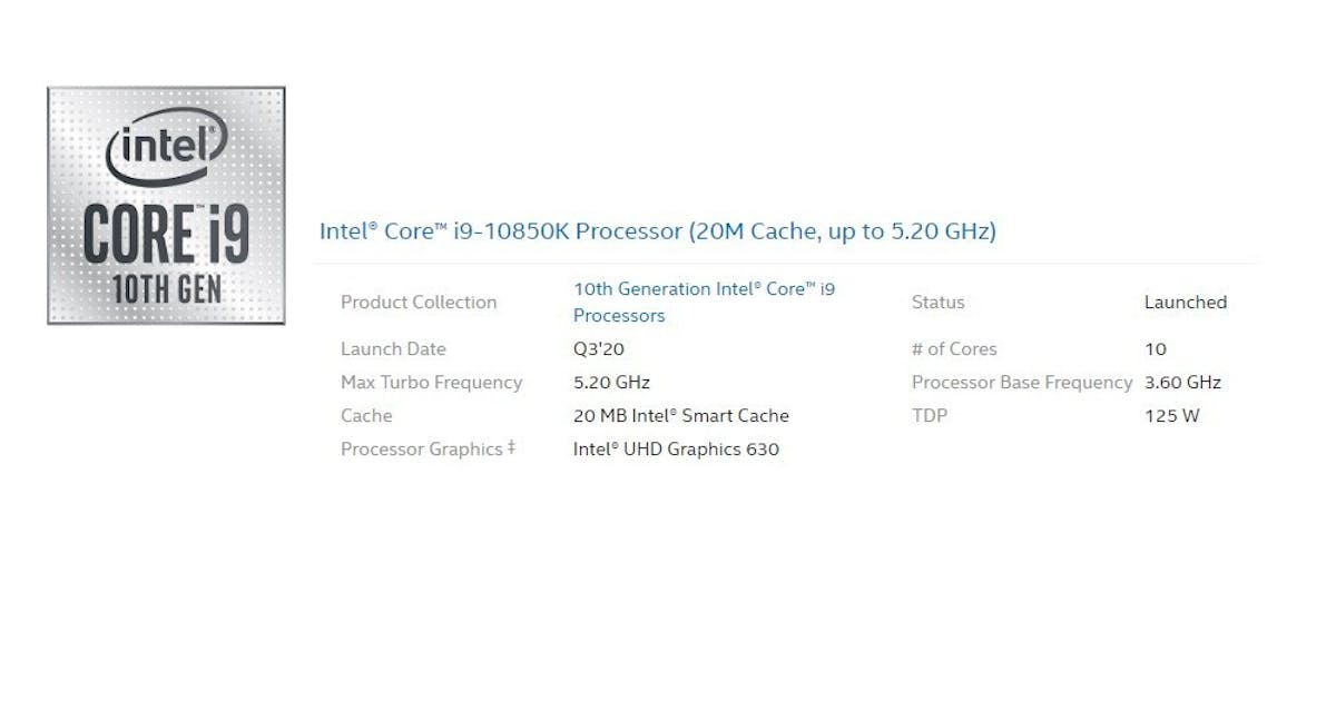 Intel 第 10 代 Core i9-10850K 官網現身， Boost 最高時脈為 5.2GHz #Comet Lake-S ...